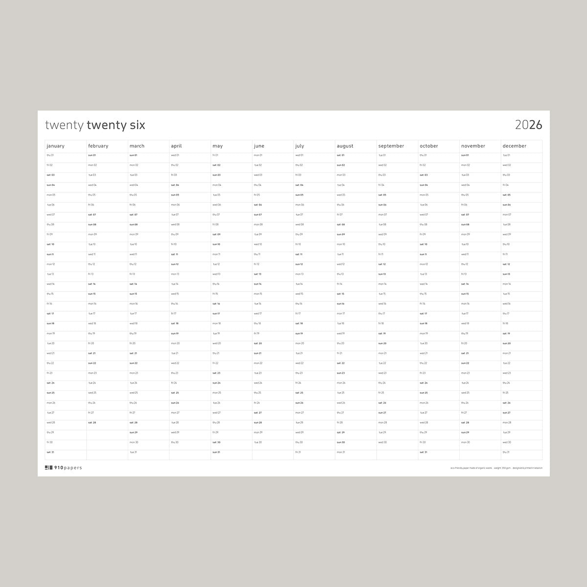 910 . 2026 yearly calendar . 70 x 50 cm – 910 papers